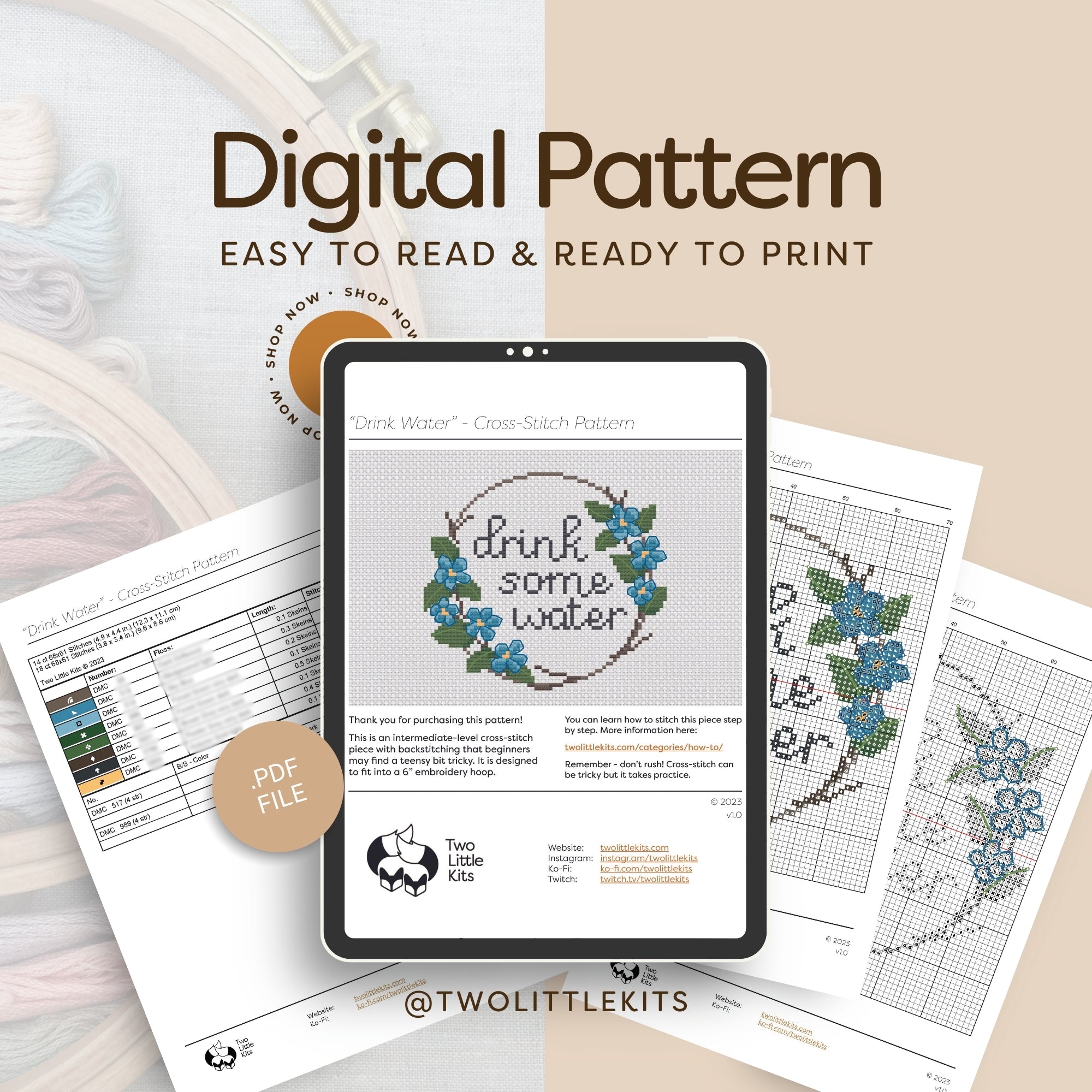 Cross-Stitch Pattern - "Drink Water"